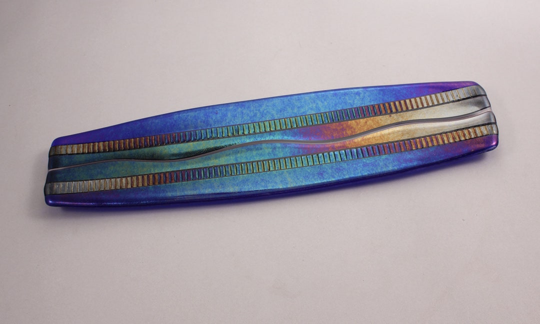 Iridescent Blue Fused Glass Serving Tray - Classic Prismatic Design ...