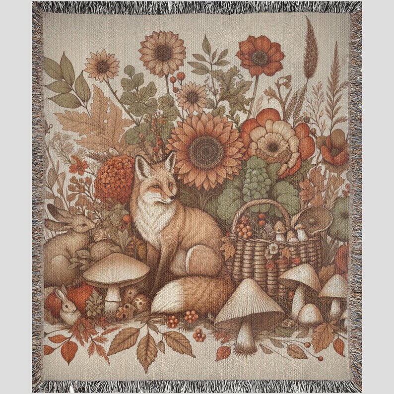 Cottagecore Woven Throw Blanket: Fall Woodland Fox Design - Etsy