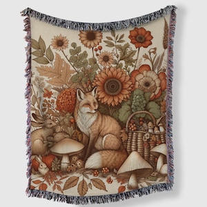 Cottagecore Woven Throw Blanket: Fall Woodland Fox Design - Etsy
