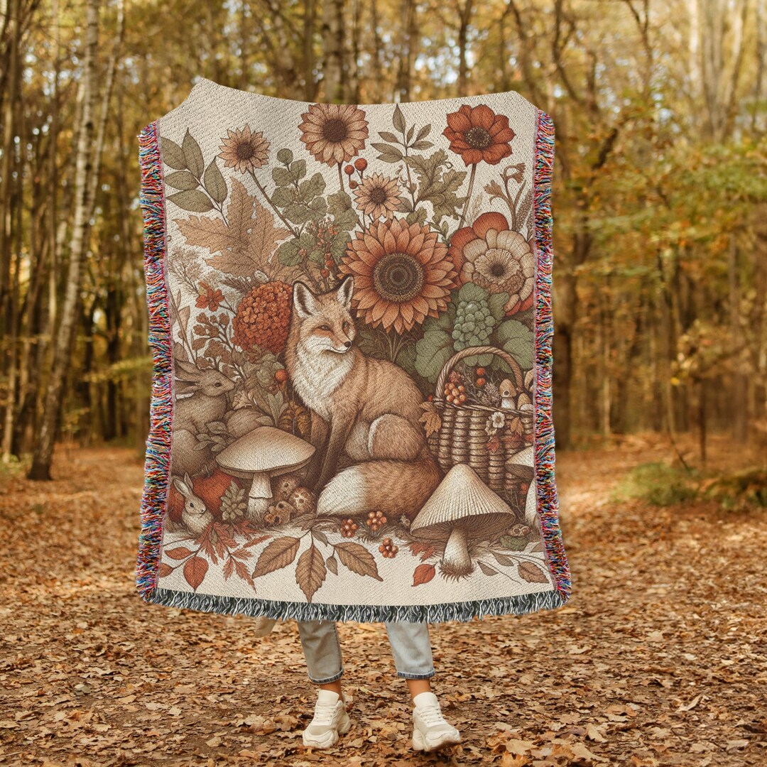 Cottagecore Woven Throw Blanket: Fall Woodland Fox Design - Etsy