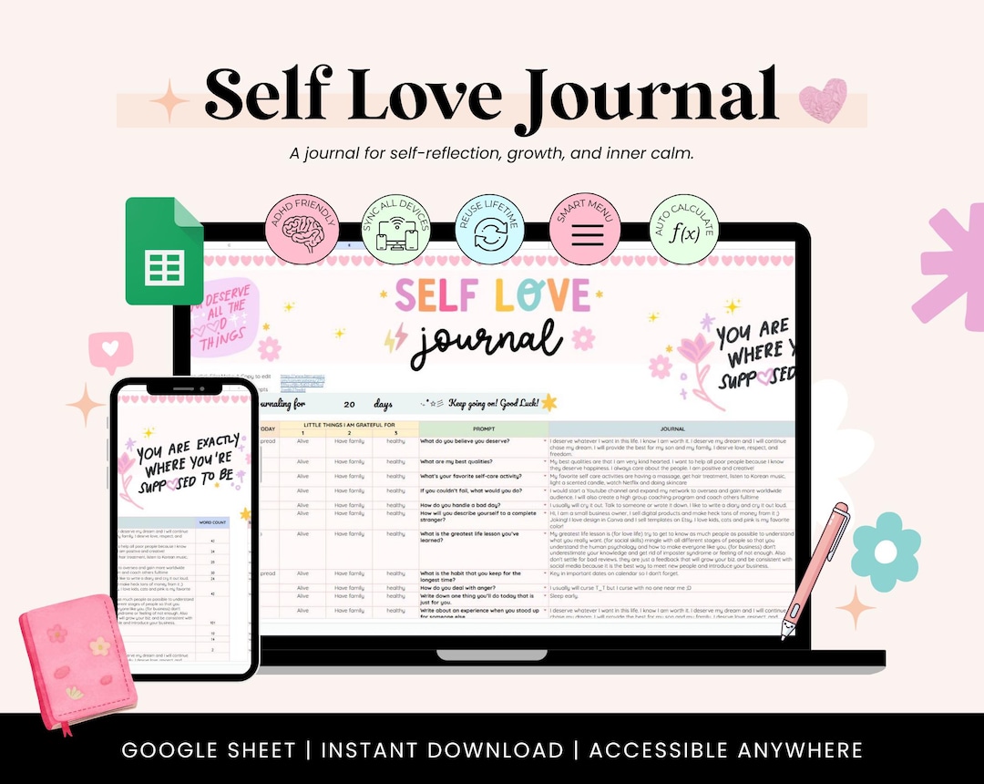Self Love Journal Google Sheet| 180 Days Self Discovery Journal ...