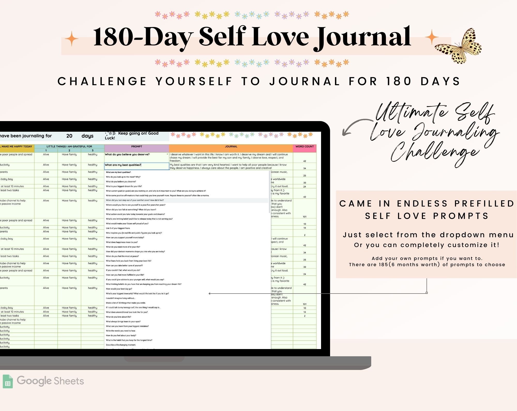 Journal Google Sheet| 180 Days Self Love Journal Google Sheet Template ...
