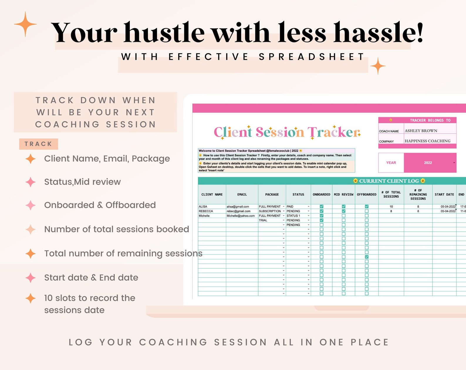 Client Session Tracker Spreadsheet for Coaches, CRM, Client Management ...