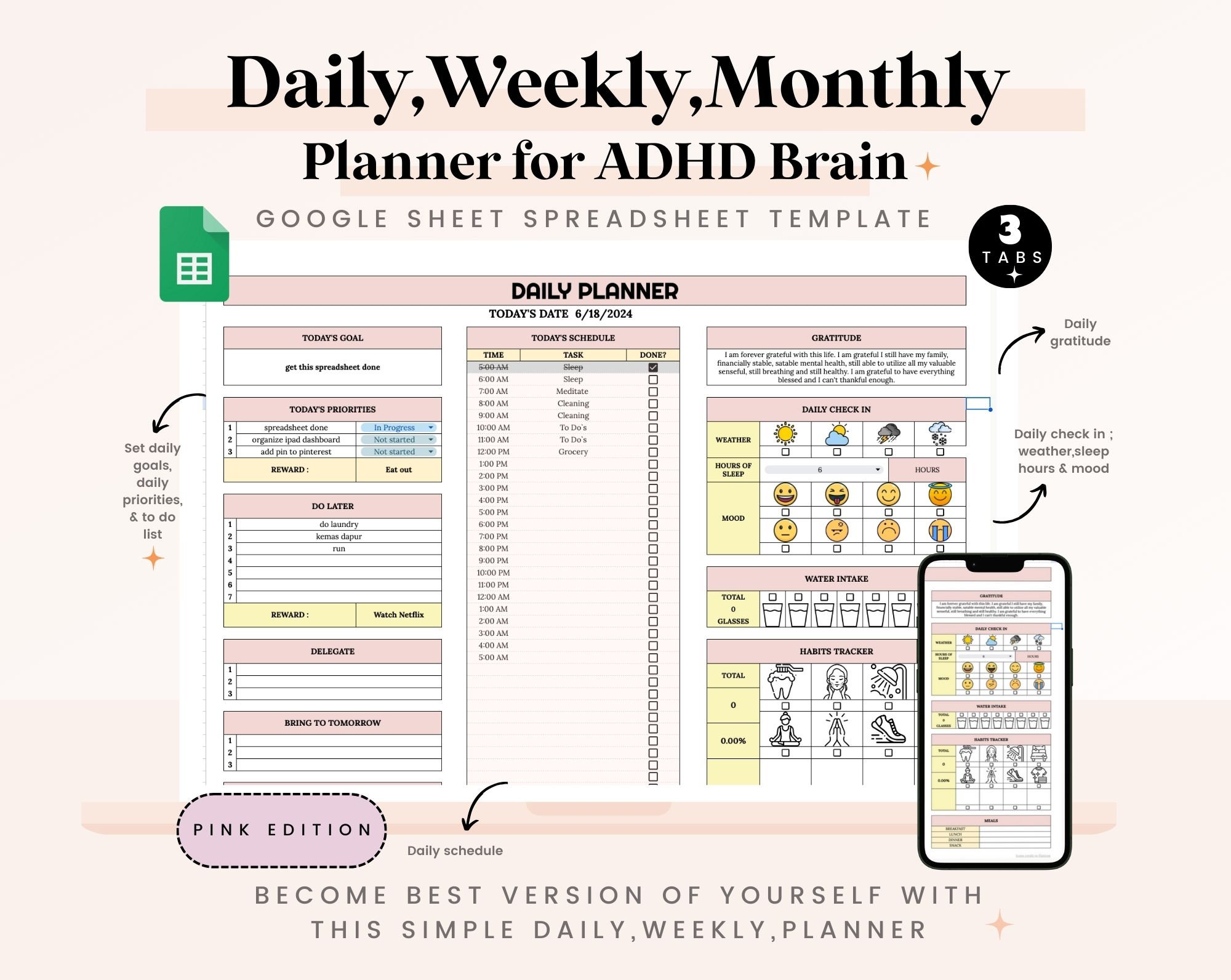 Daily Spreadsheet Google Sheet Monthly Calendar Template, Daily Weekly ...