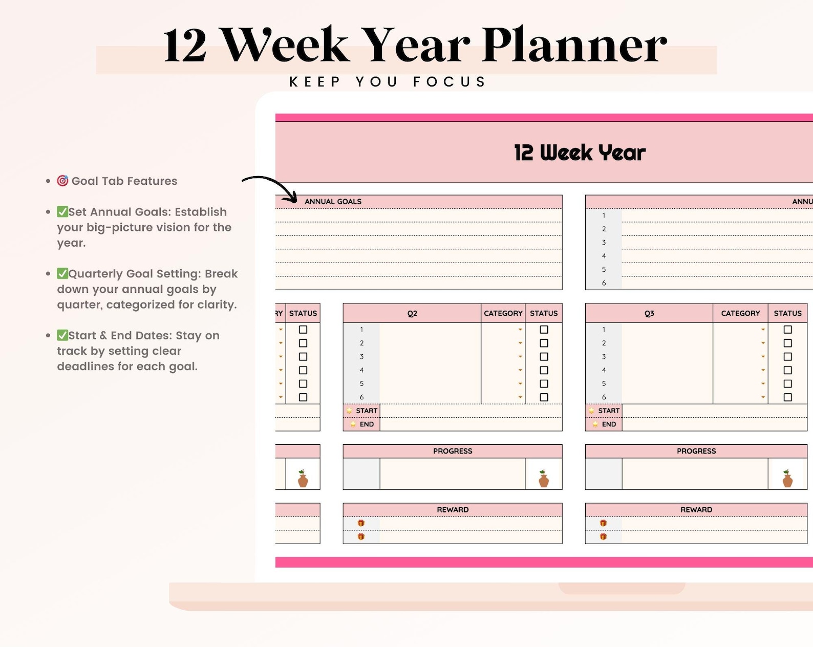 12 Week Year Planner Google Sheets Template, 90 Day Planner Google ...