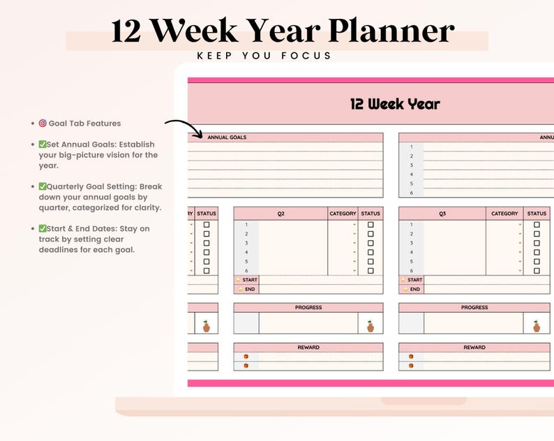 12 Week Year Planner Google Sheets Template, 90 Day Planner Google ...