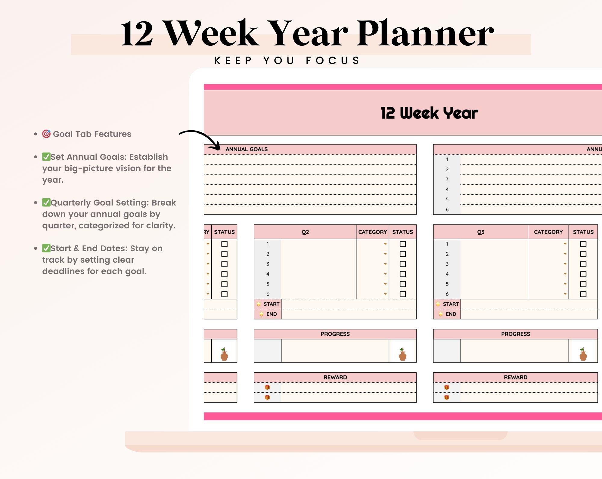 12 Week Year Planner Google Sheets Template, 90 Day Planner Google ...