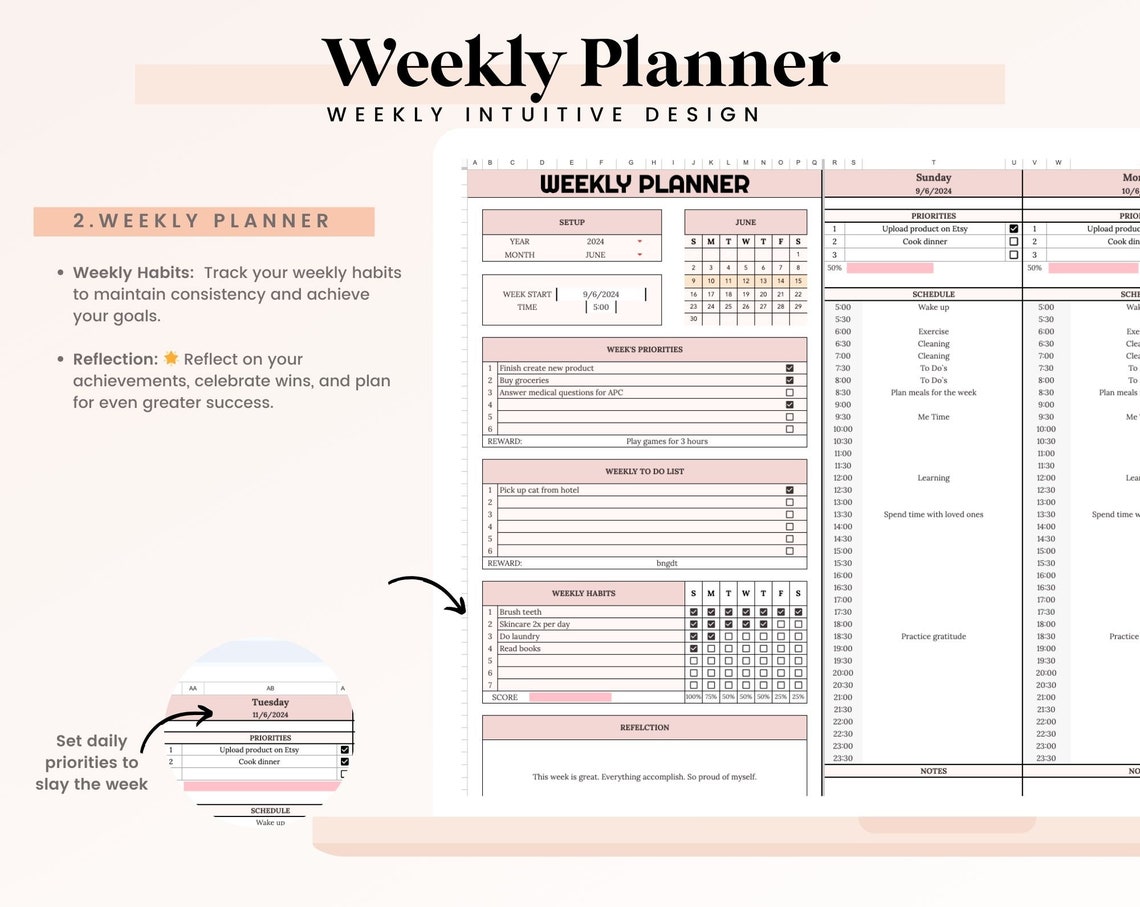 Daily Spreadsheet Google Sheet Monthly Calendar Template, Daily Weekly ...