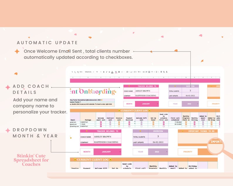 Client Onboarding Tracker Spreadsheet for Coaches, CRM, Client ...