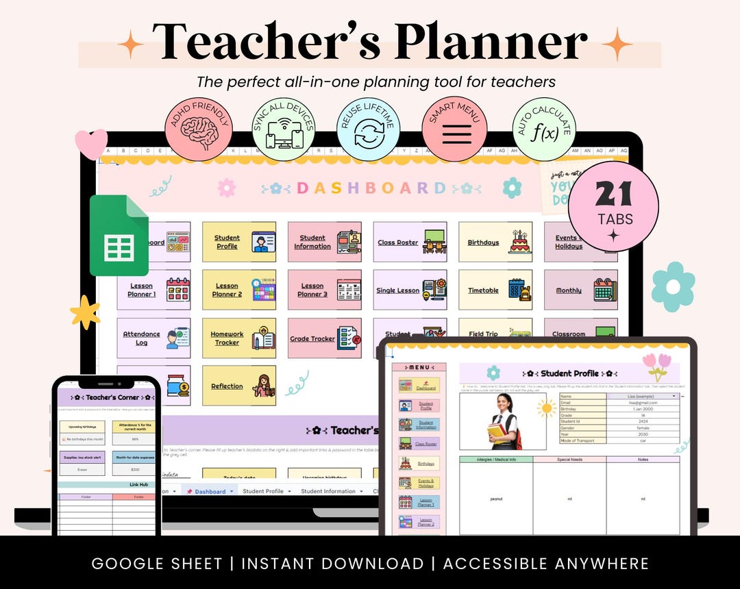 Teacher Student Planner Google Sheets Tracker | Teacher Planner ...