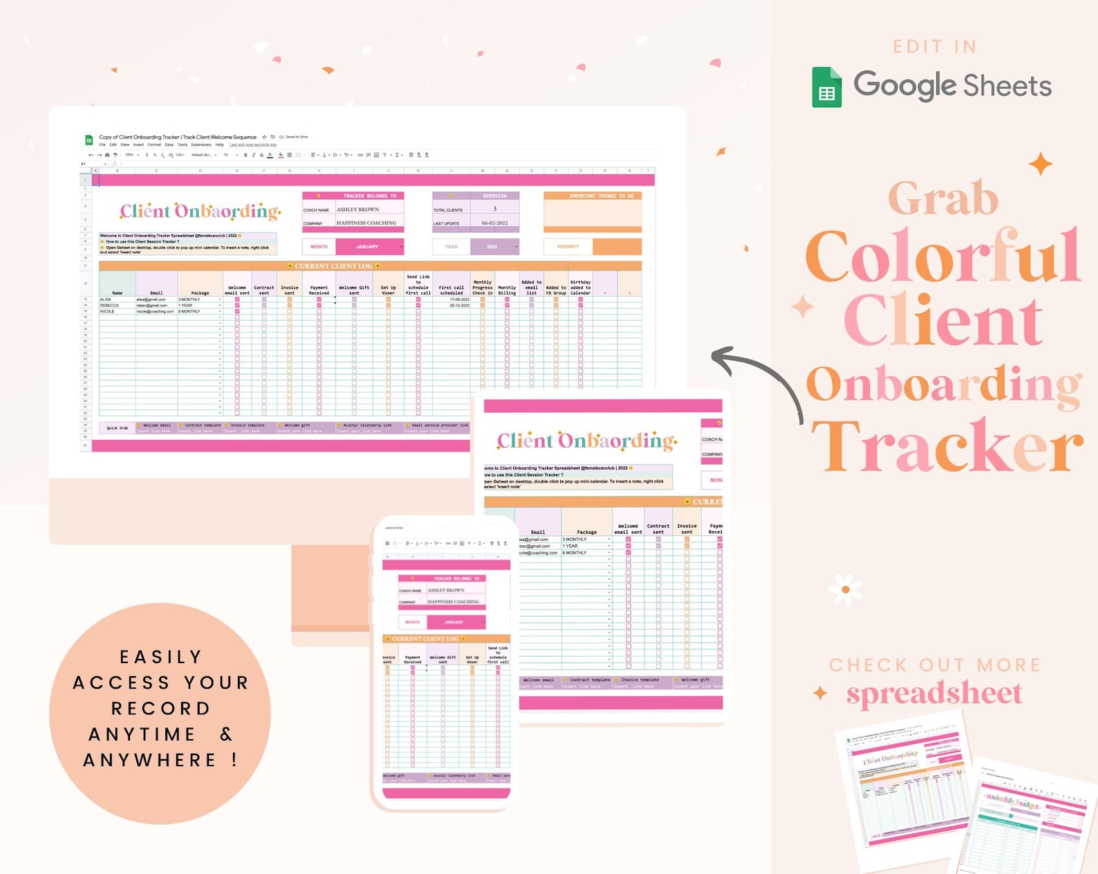 Client Onboarding Tracker Spreadsheet for Coaches, CRM, Client ...