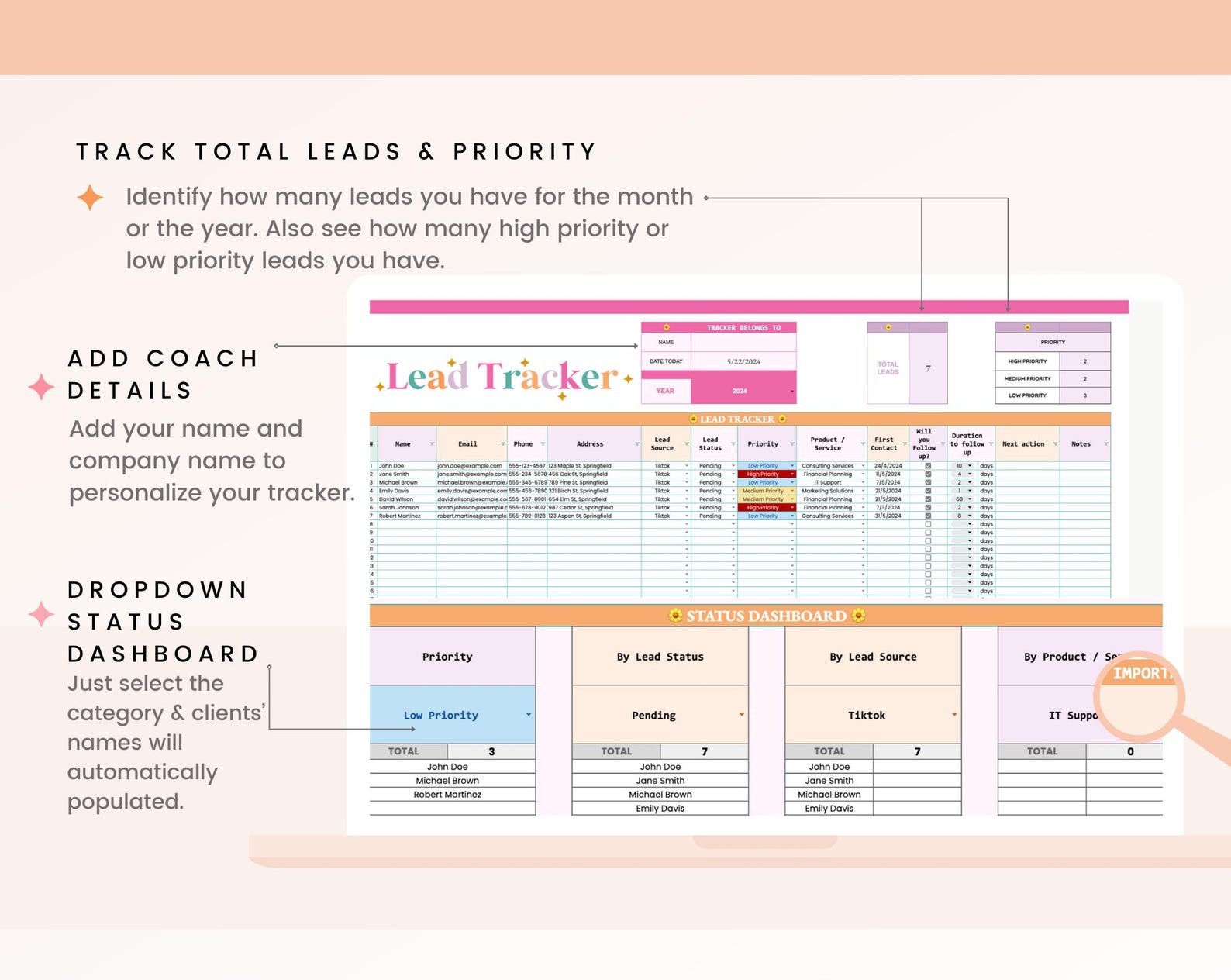 Lead Tracker Spreadsheet for Coaches, CRM, Client Relationship ...