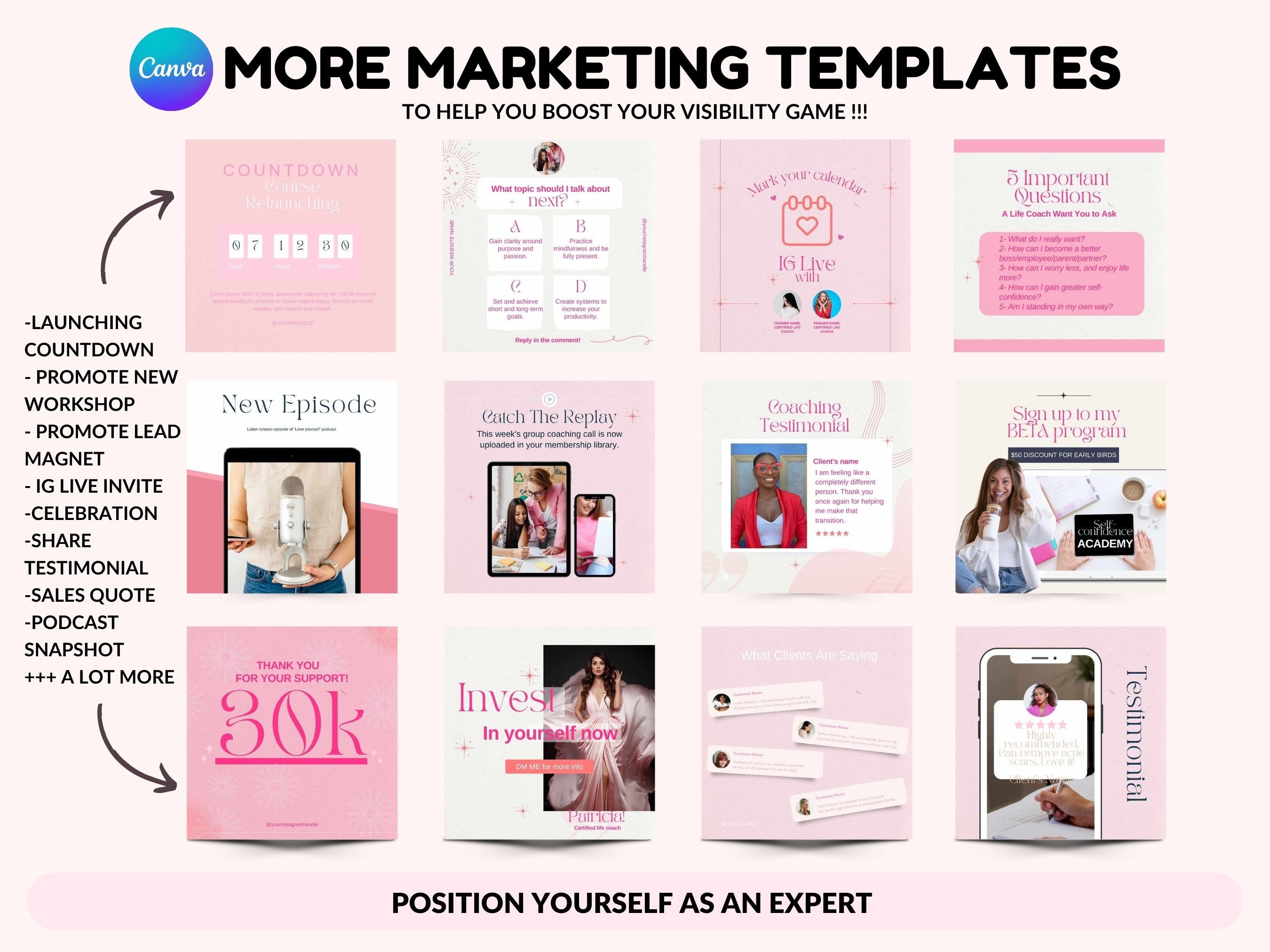 150 Life Coach Mental Health Instagram CANVA Templates |pink Life Coach ...