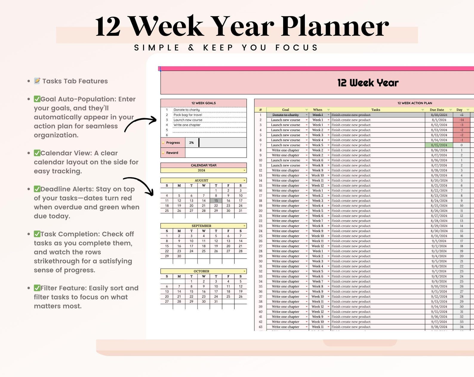 12 Week Year Planner Google Sheets Template, 90 Day Planner Google ...
