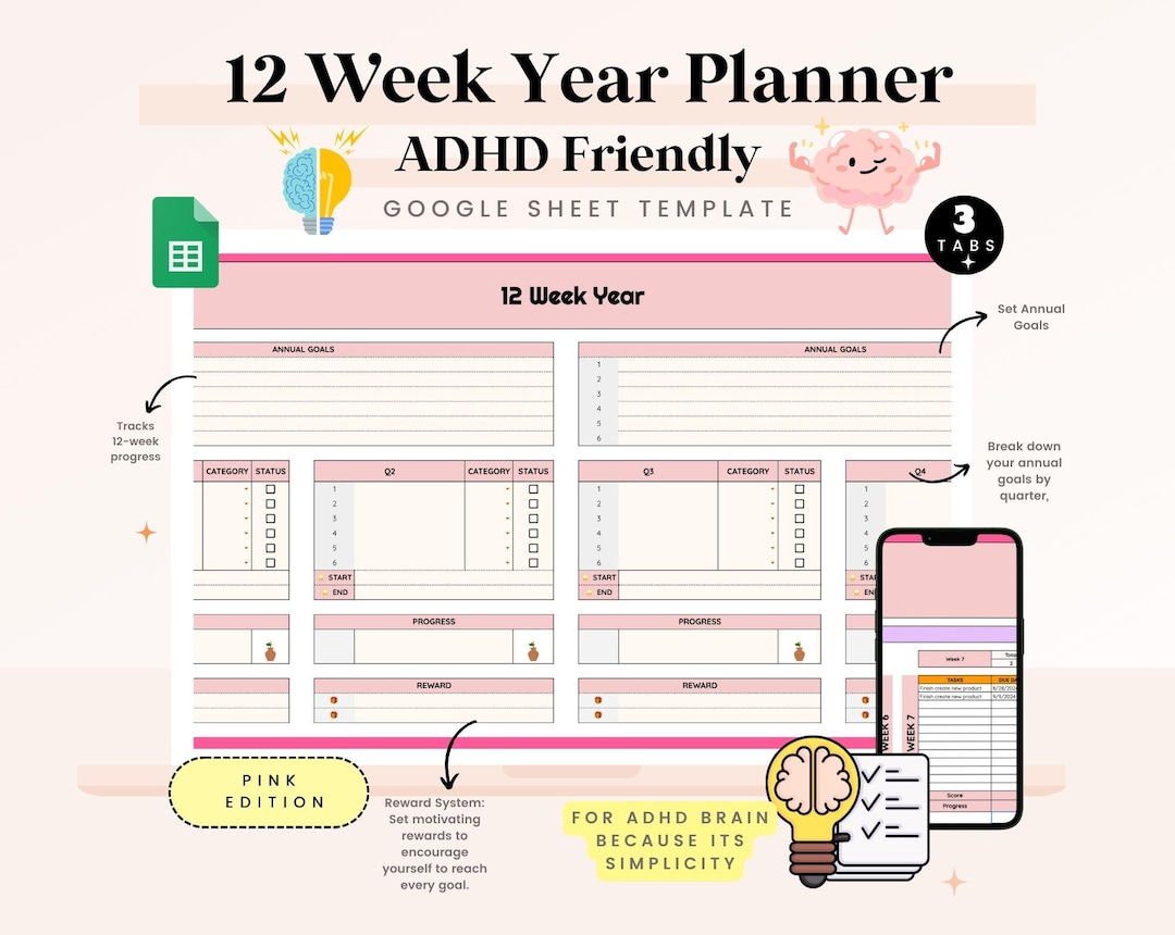 12 Week Year Planner Google Sheets Template, 90 Day Planner Google ...