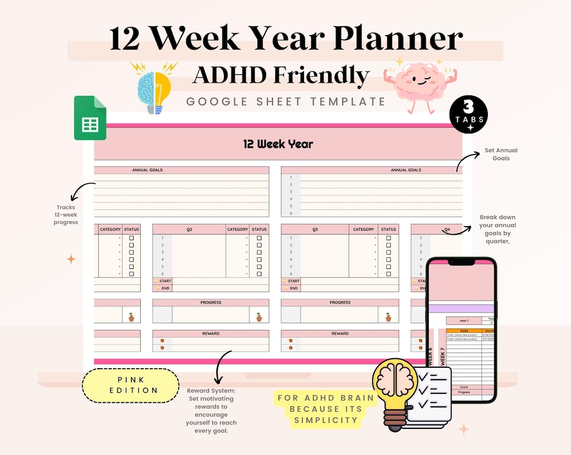 12 Week Year Planner Google Sheets Template, 90 Day Planner Google ...