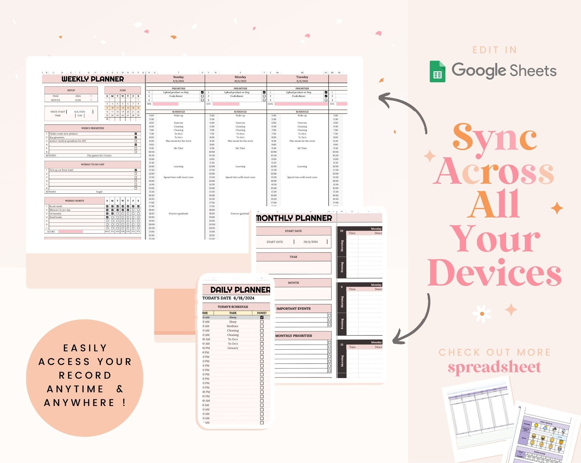 Daily Spreadsheet Google Sheet Monthly Calendar Template, Daily Weekly ...