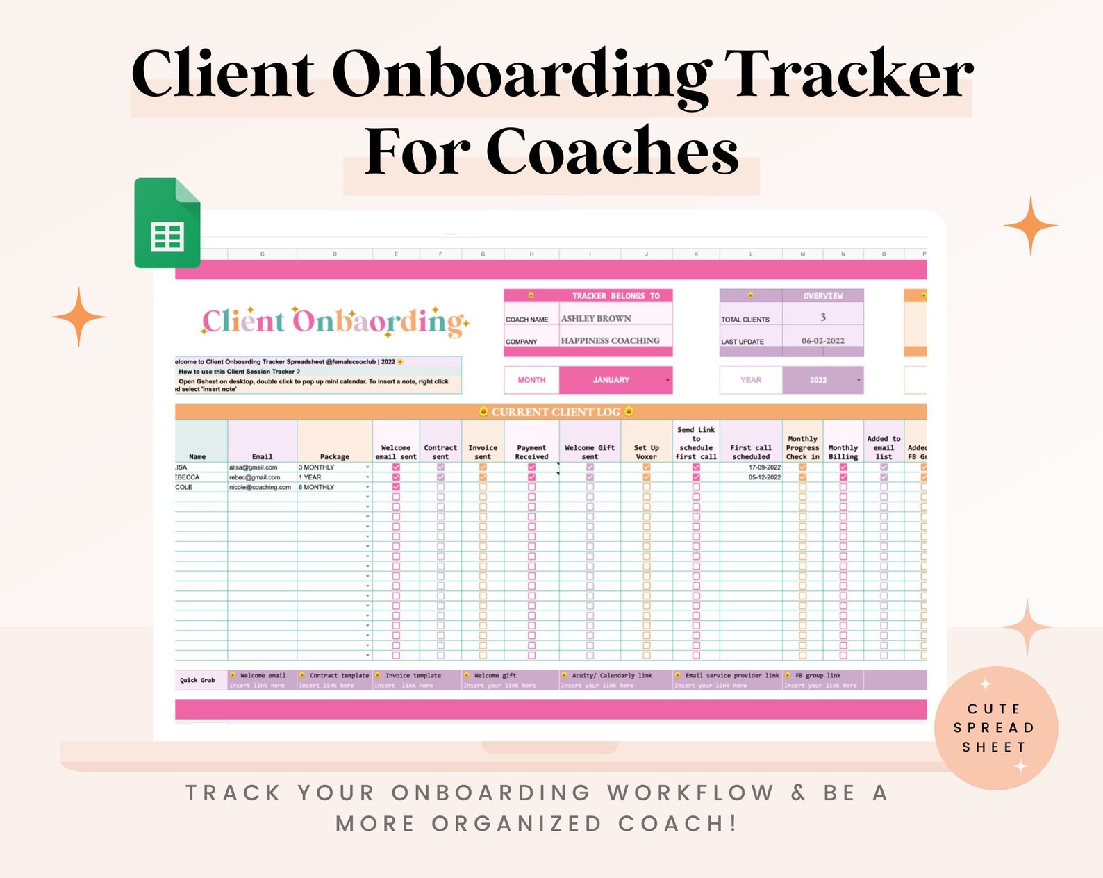 Client Onboarding Tracker Spreadsheet for Coaches, CRM, Client ...