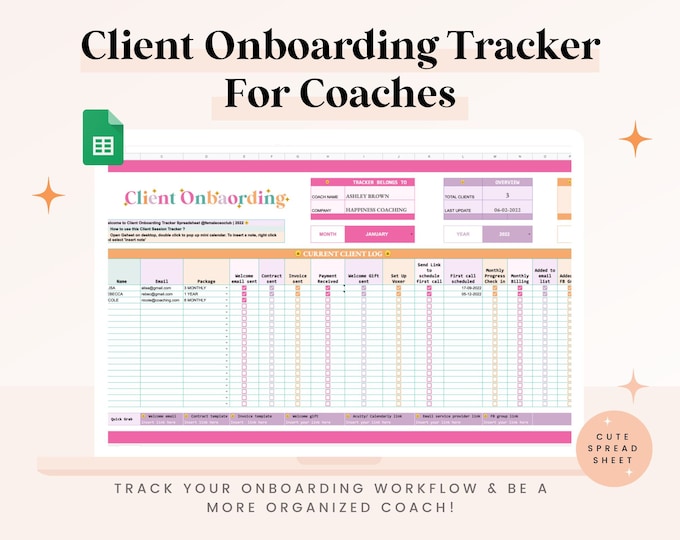 Client Onboarding Tracker Spreadsheet for Coaches, CRM, Client ...