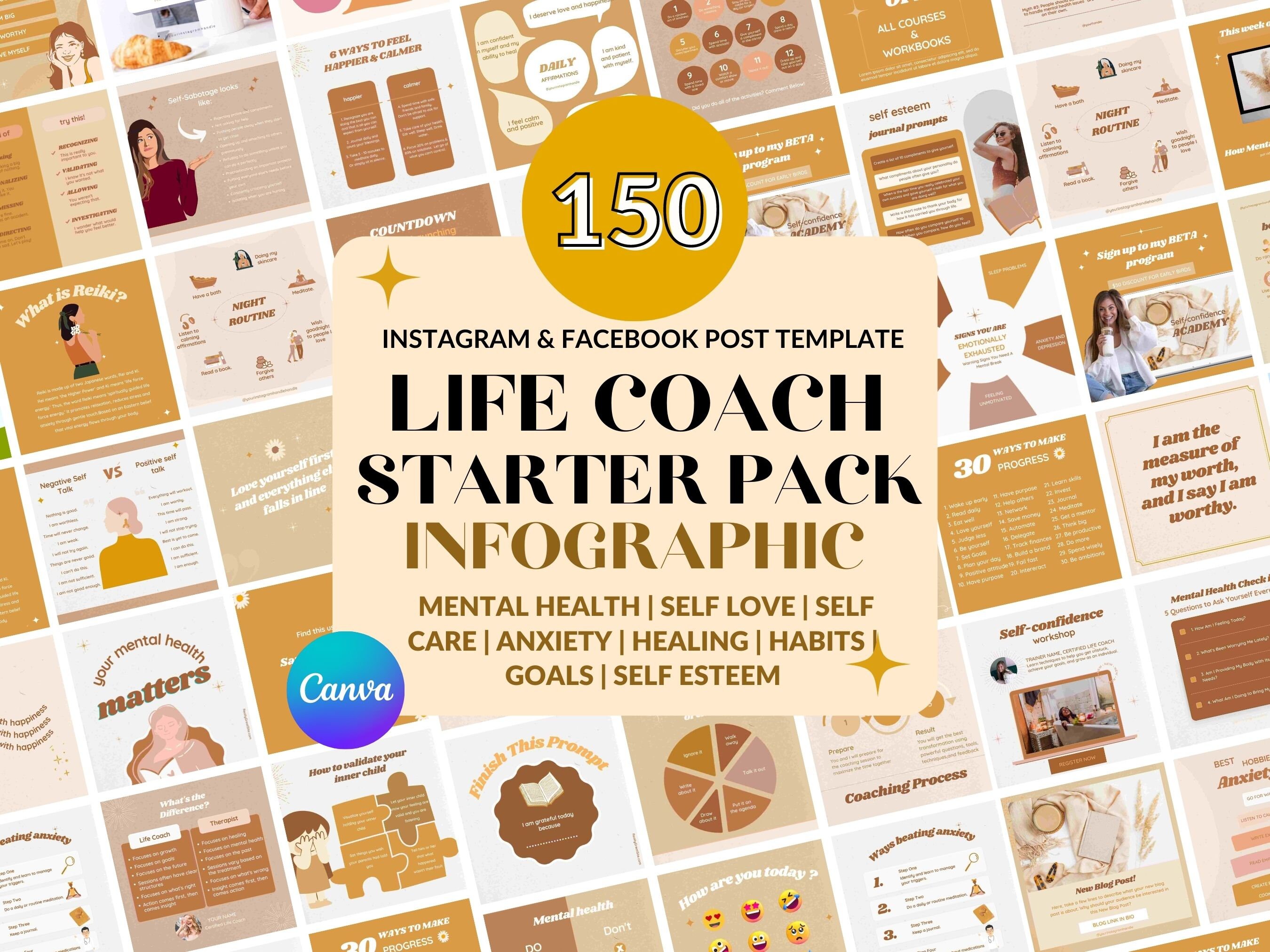 150 Life Coach Mental Health Instagram CANVA Templates |infographic ...