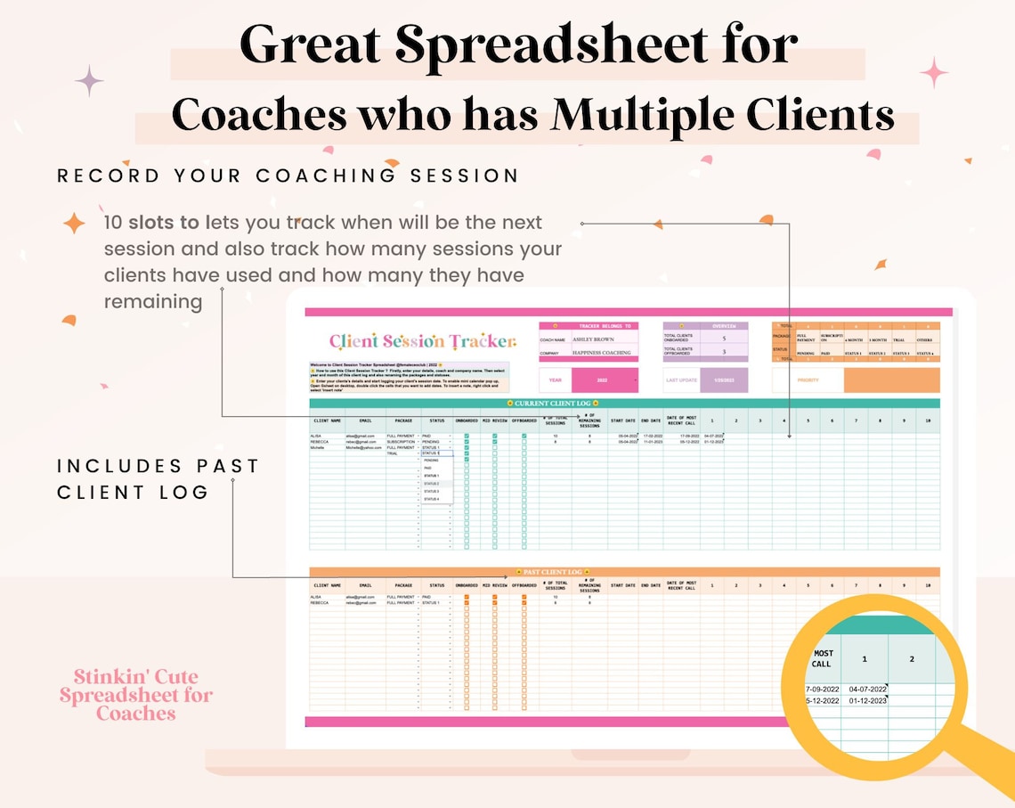 Client Session Tracker Spreadsheet for Coaches CRM Client - Etsy