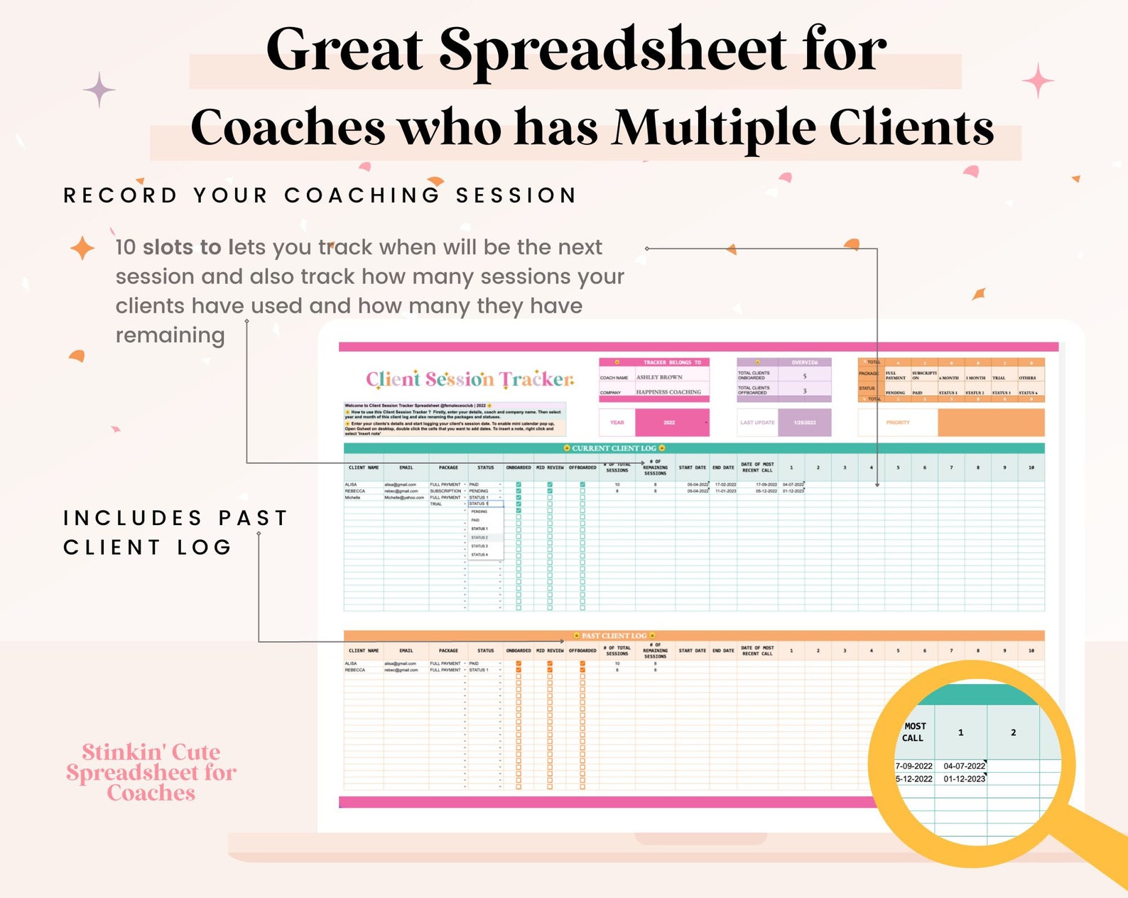Client Session Tracker Spreadsheet for Coaches, CRM, Client Management ...