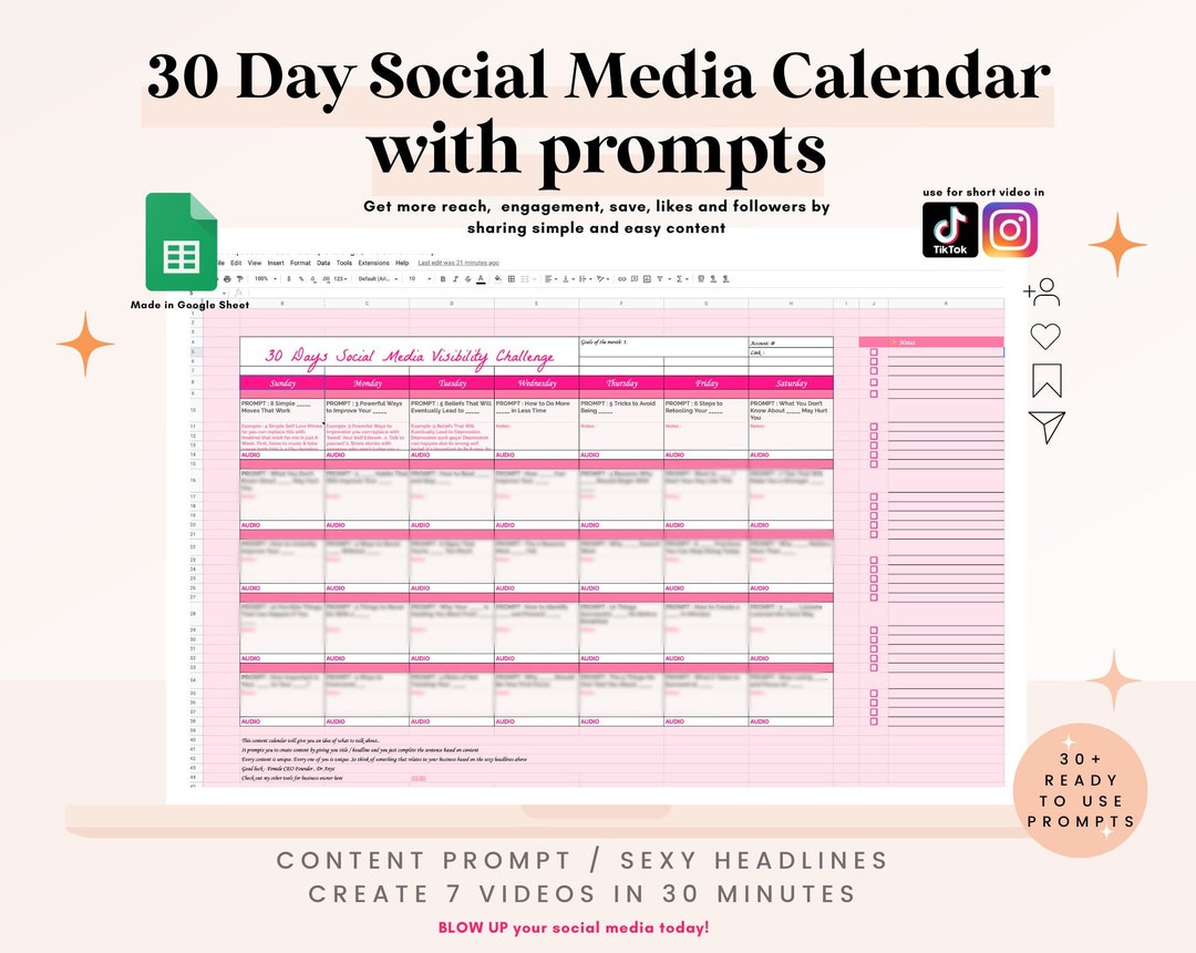 Social Media Challenge Calendar With Prompts for 30 Days Challenge for ...