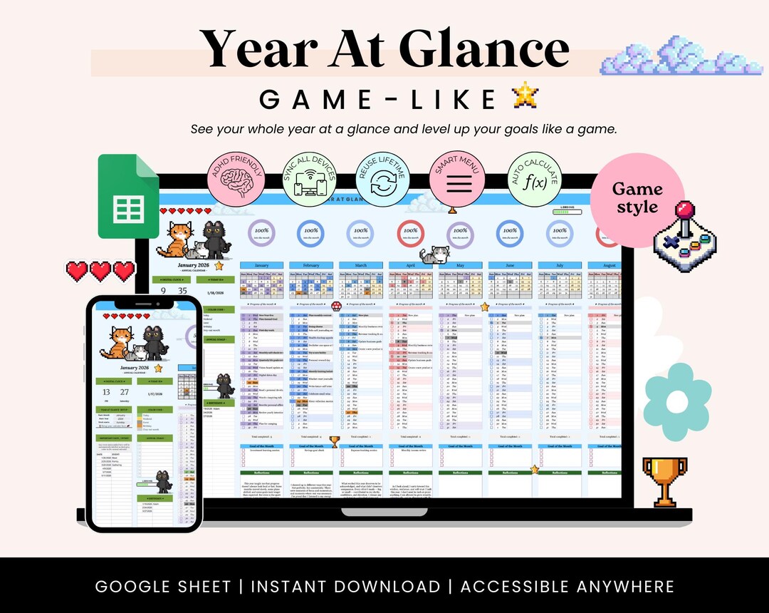 Year at a Glance Annual Planner Spreadsheet Undated Yearly Overview ...