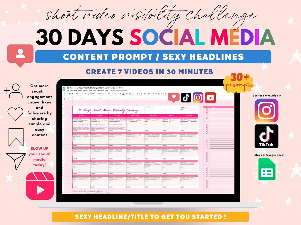 Social Media Challenge Calendar With Prompts for 30 Days Challenge for ...