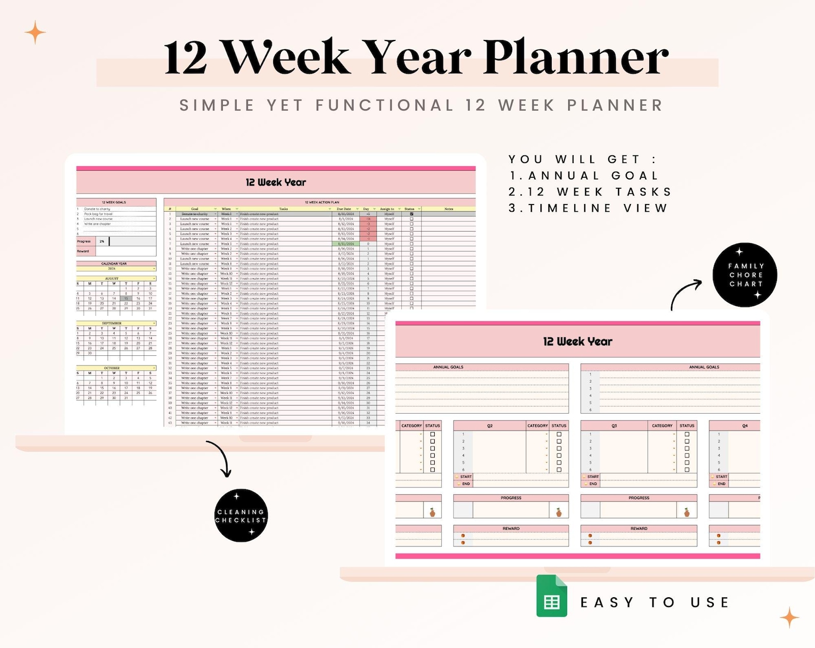12 Week Year Planner Google Sheets Template, 90 Day Planner Google ...