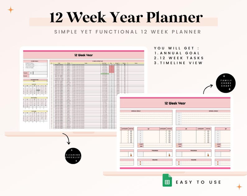 12 Week Year Planner Google Sheets Template, 90 Day Planner Google ...