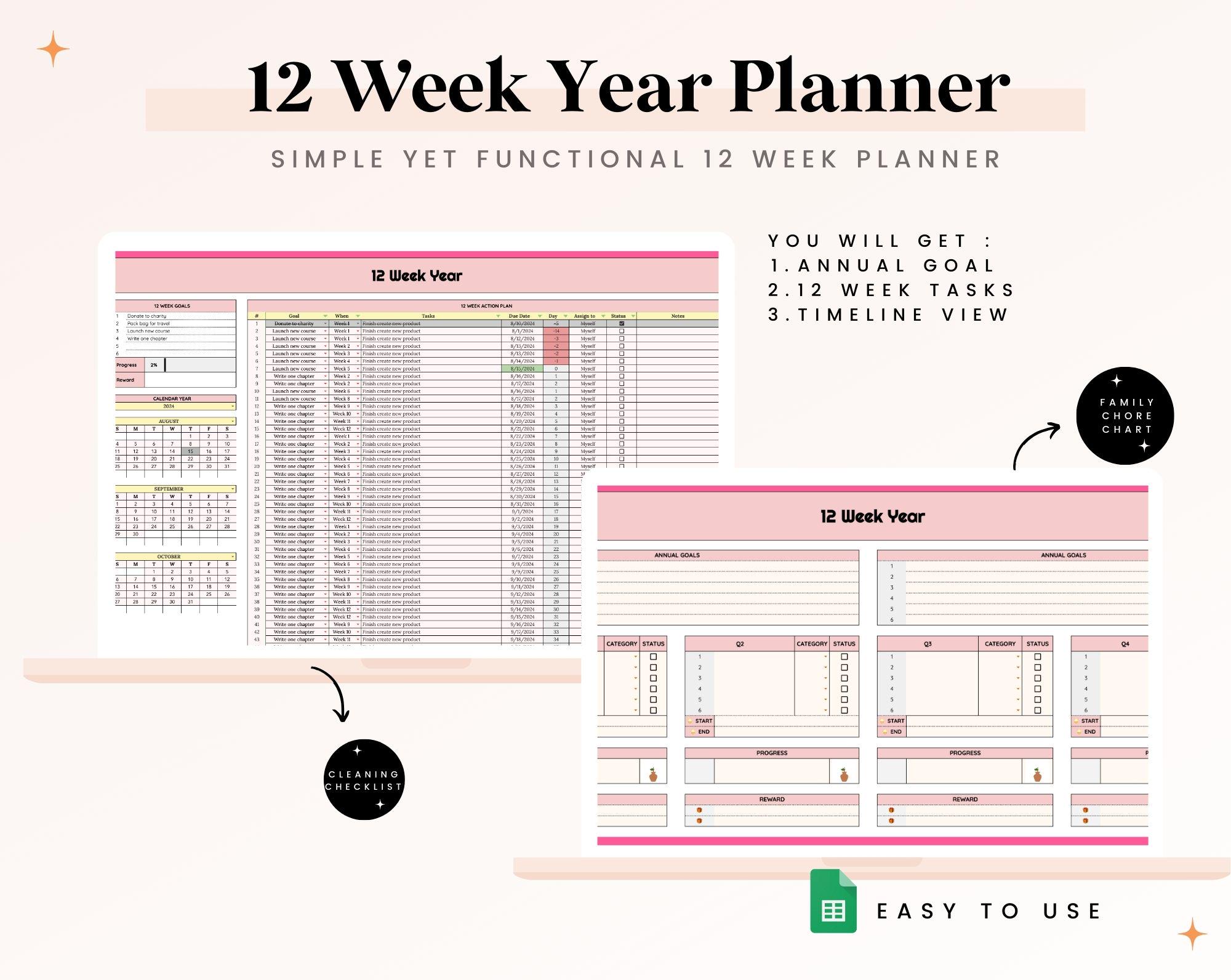 12 Week Year Planner Google Sheets Template, 90 Day Planner Google ...