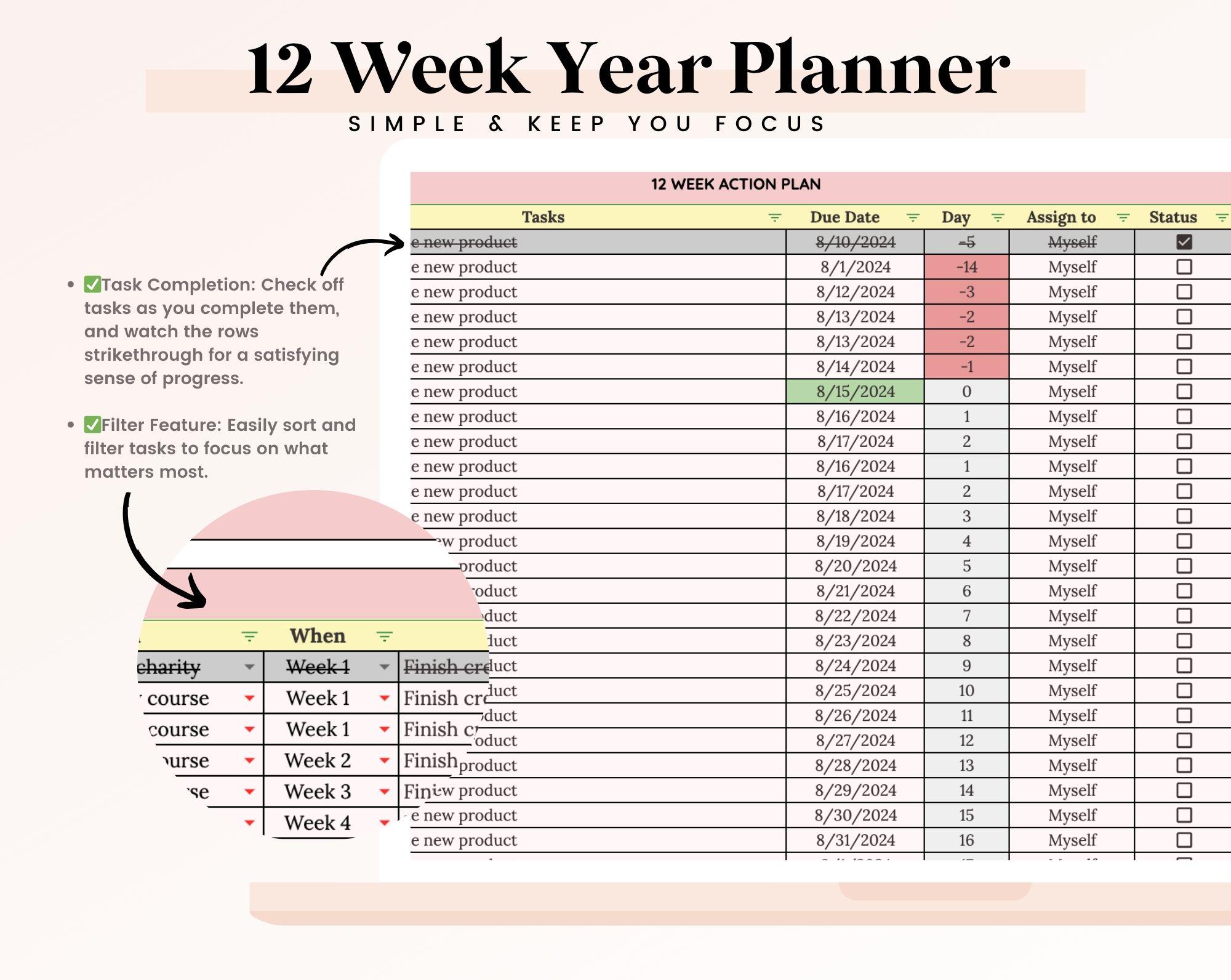 12 Week Year Planner Google Sheets Template, 90 Day Planner Google ...