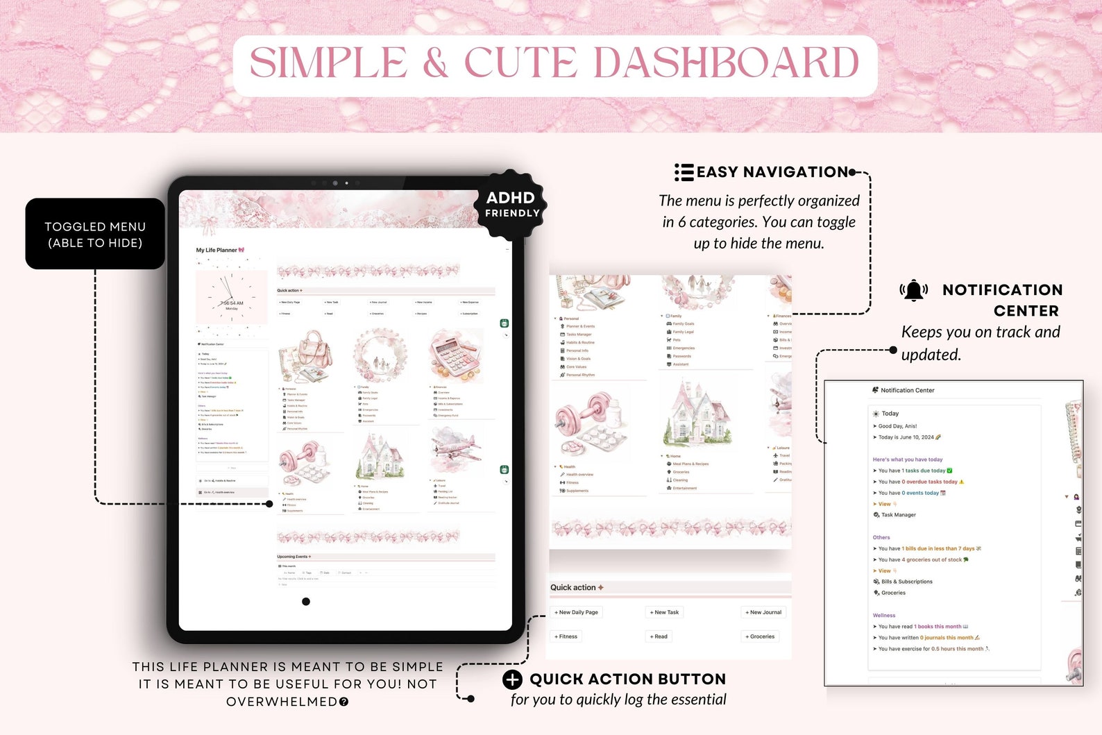 Notion Template Life Planner Coquette Aesthetic Notion Dashboard ADHD ...