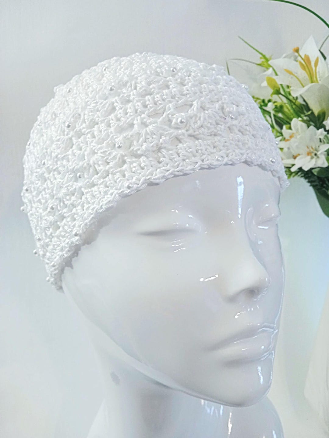 Crochet White Glitter Lacy Cotton Skull Cap With Beads - Etsy