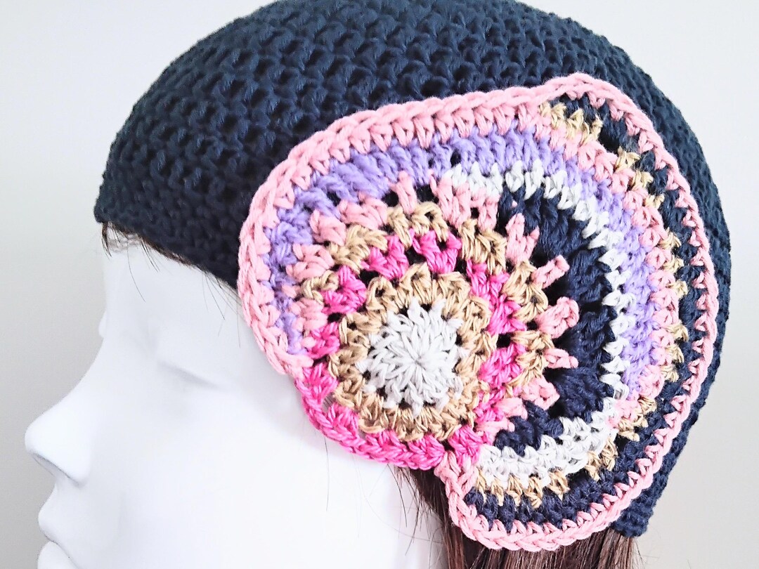 Navy Blue Beanie With Freeform Crochet Motif Ali Mcgraw Inspired Navy ...