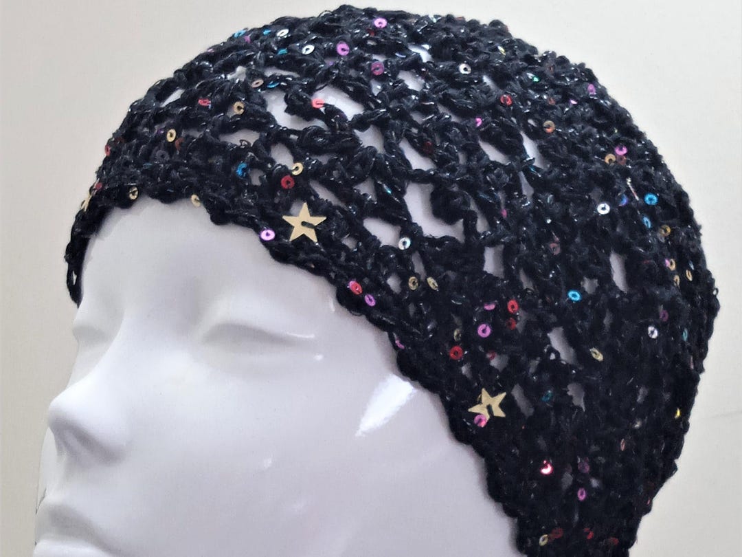 Black Crochet Galaxy Cluster Beanie With Multi Colored Sequins and Gold ...