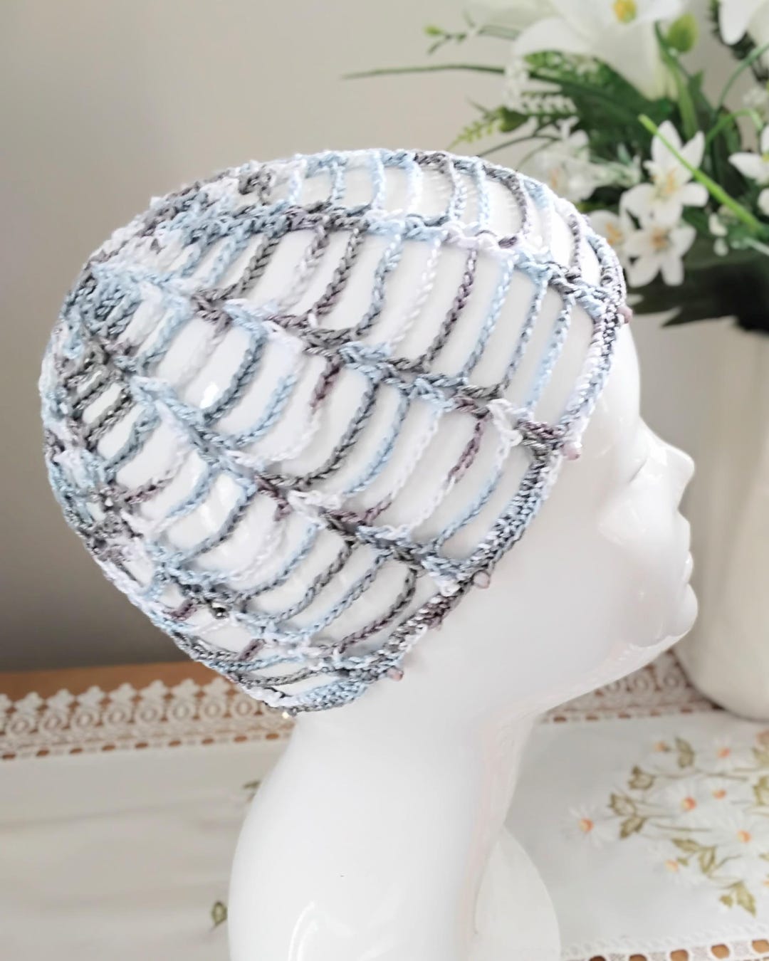 Crochet Cotton Net Mesh Skull Cap With Faceted Rondelle Beads - Etsy