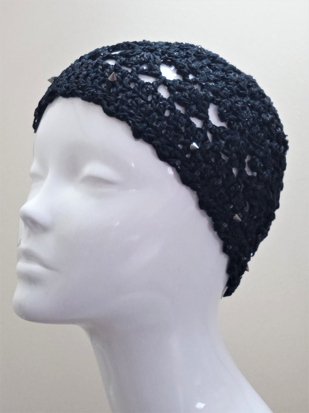 Crochet Black Skull Cap With Sequins and Spike Studs, Black Sequin and ...