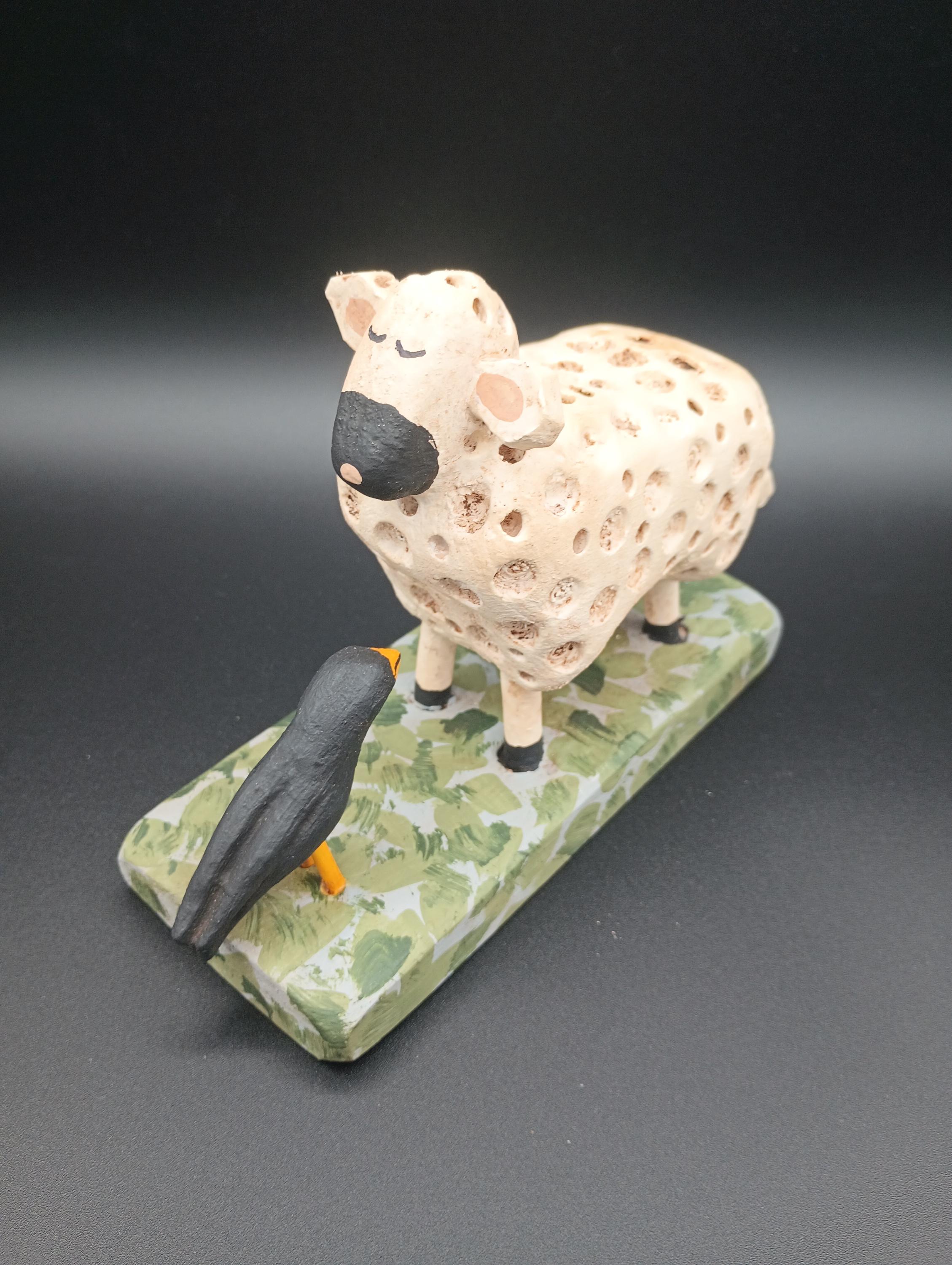Sheep With Black Bird on Camouflage Base Folk Art Woodcarving - Etsy
