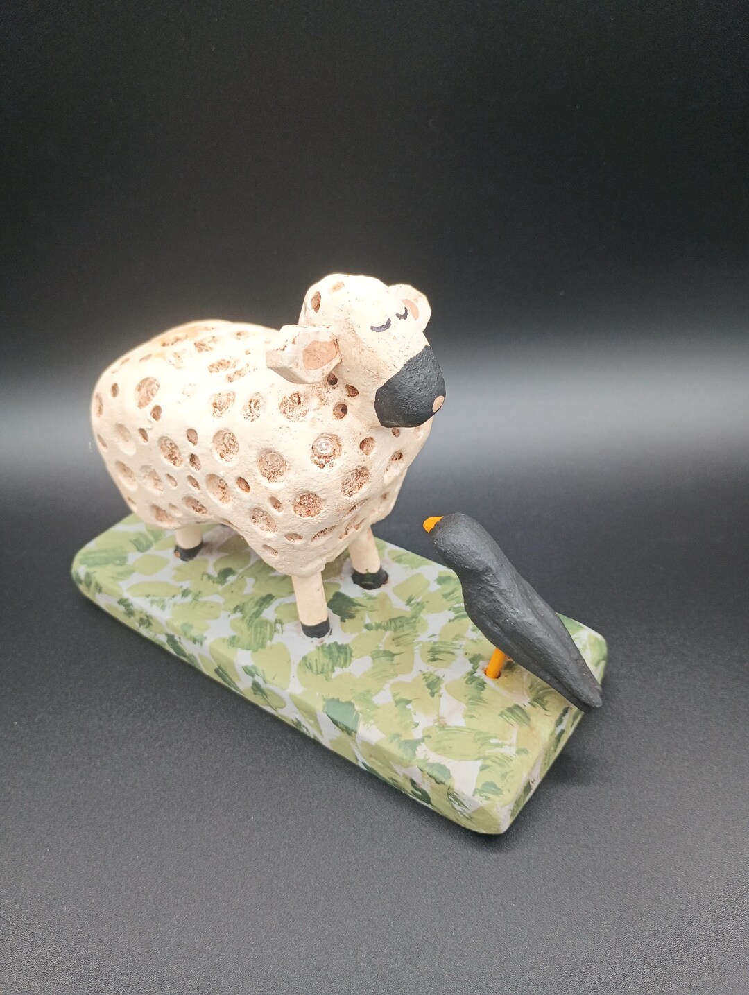 Sheep With Black Bird on Camouflage Base Folk Art Woodcarving - Etsy