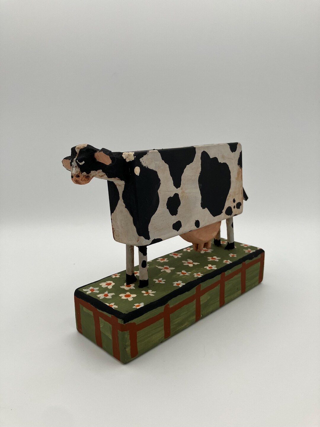 Cow Chunky Rectangular Flat Holstein on Plaid Daisy Base Folk Art Hand ...