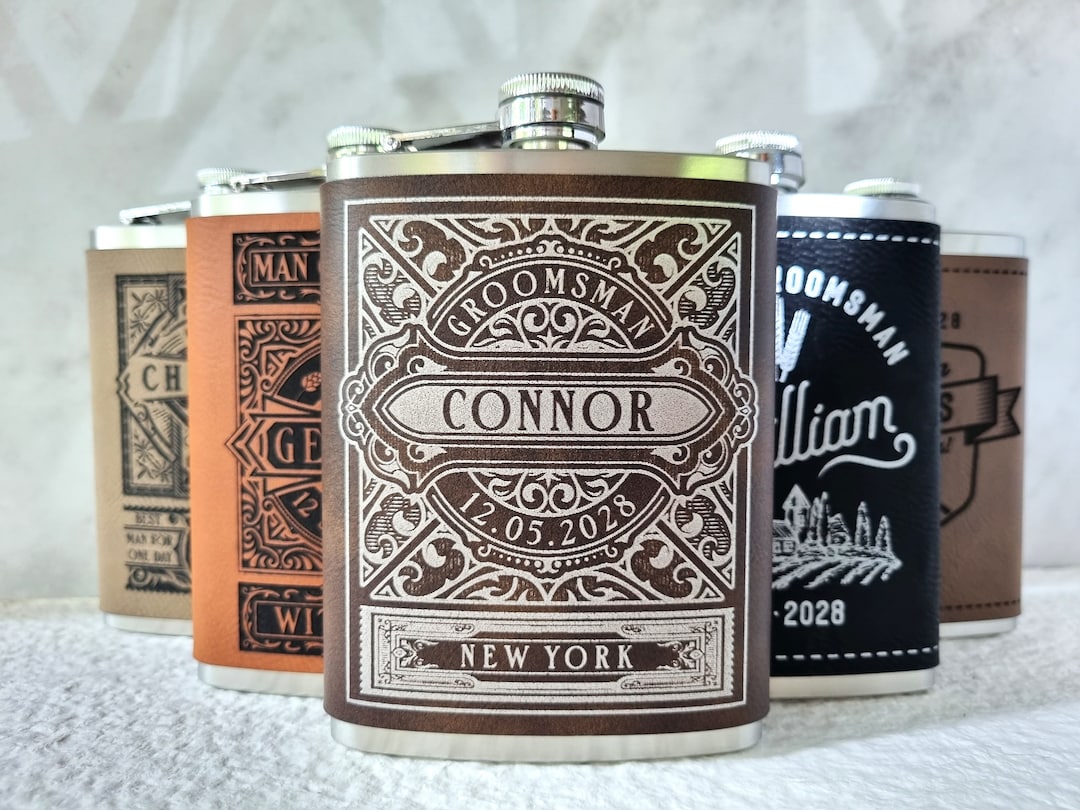 Wedding Whiskey Flask - Best Man and Groom Gift, Custom Engraved Vegan ...
