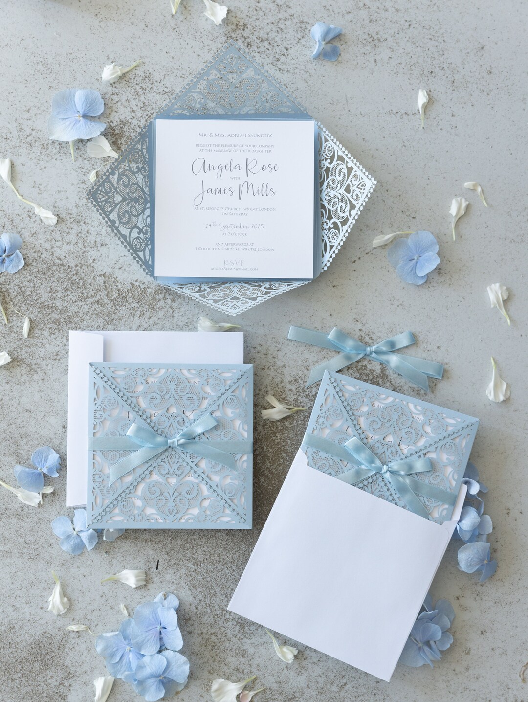 Wedding Invitations Blue Invitation Cards Laser Cut Envelope Elegant ...
