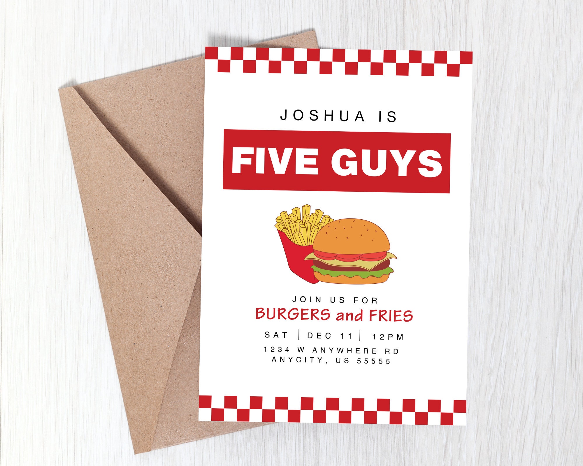 Five Guys Invitation | Burgers and Fries Birthday | Editable Template ...
