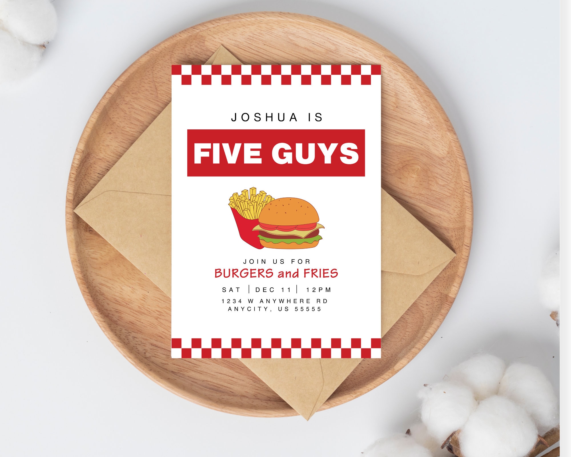 Five Guys Invitation | Burgers and Fries Birthday | Editable Template ...
