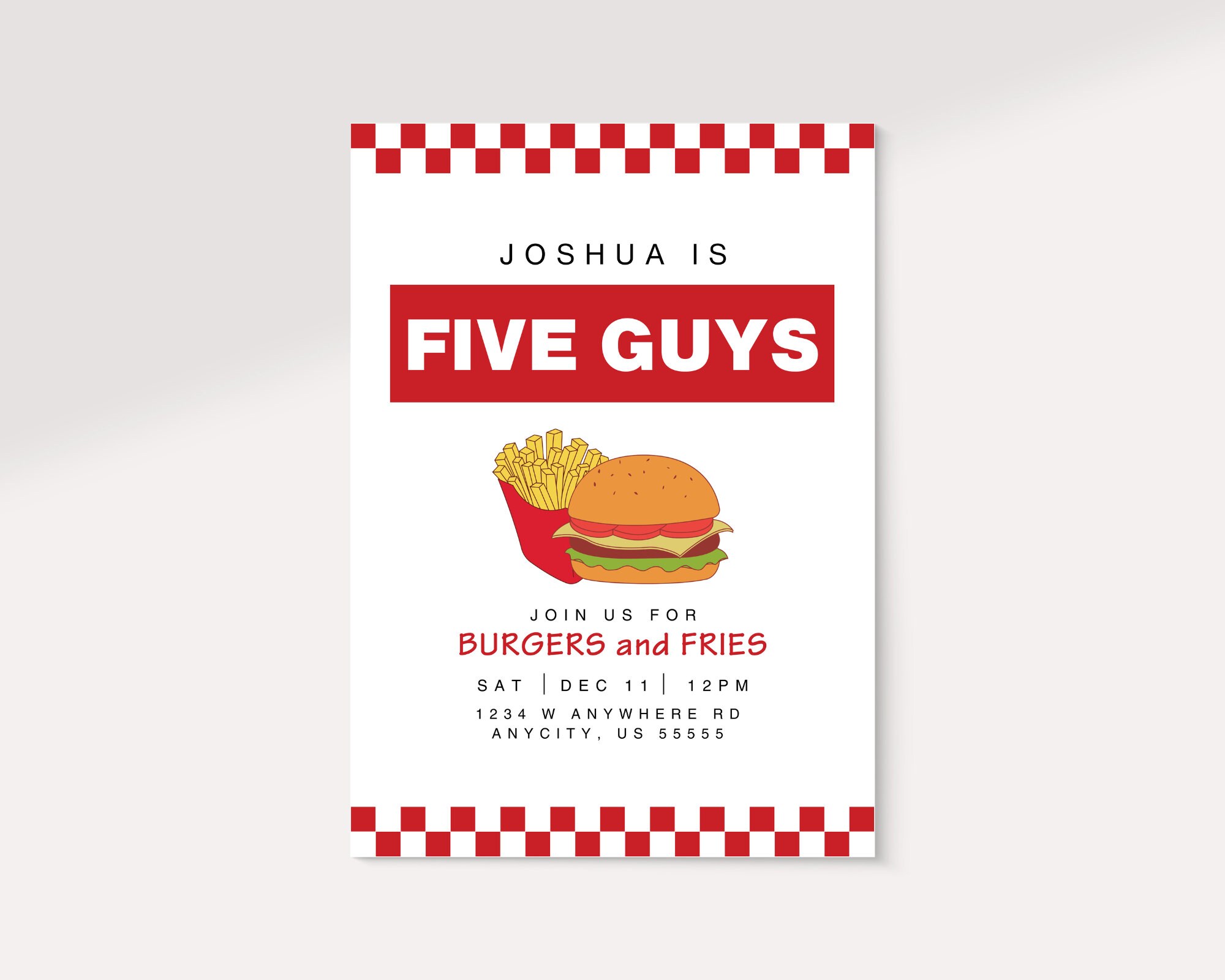 Five Guys Invitation | Burgers and Fries Birthday | Editable Template ...