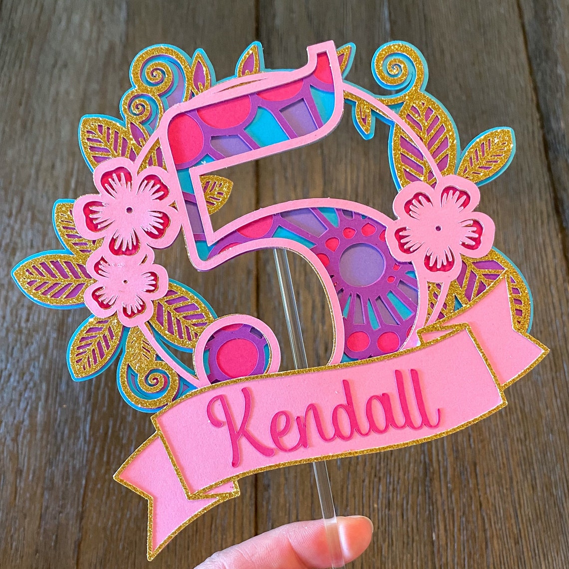 Fifth Birthday Glitter Cake Topper Flowers | Etsy