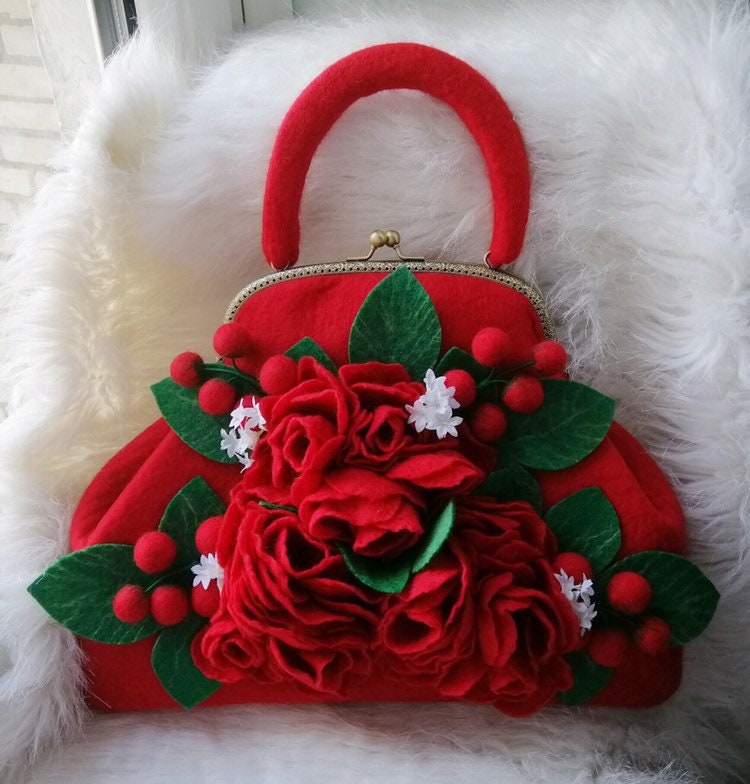 Red Women's Bag With Felted Flowers Decor Felted Hand Bag - Etsy