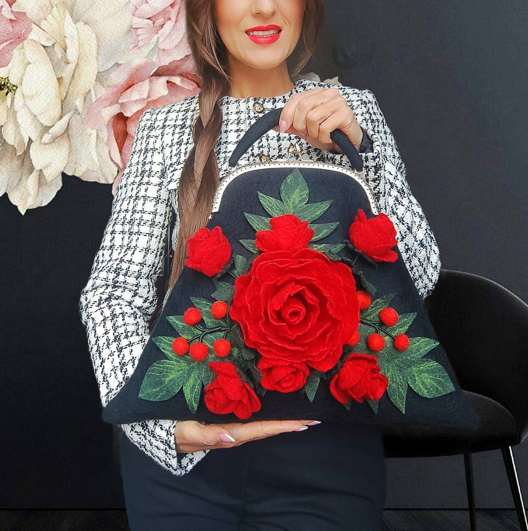 Women Bag With Felted Rose Decor Hand Bag Black Felt Flower Bag Hand ...